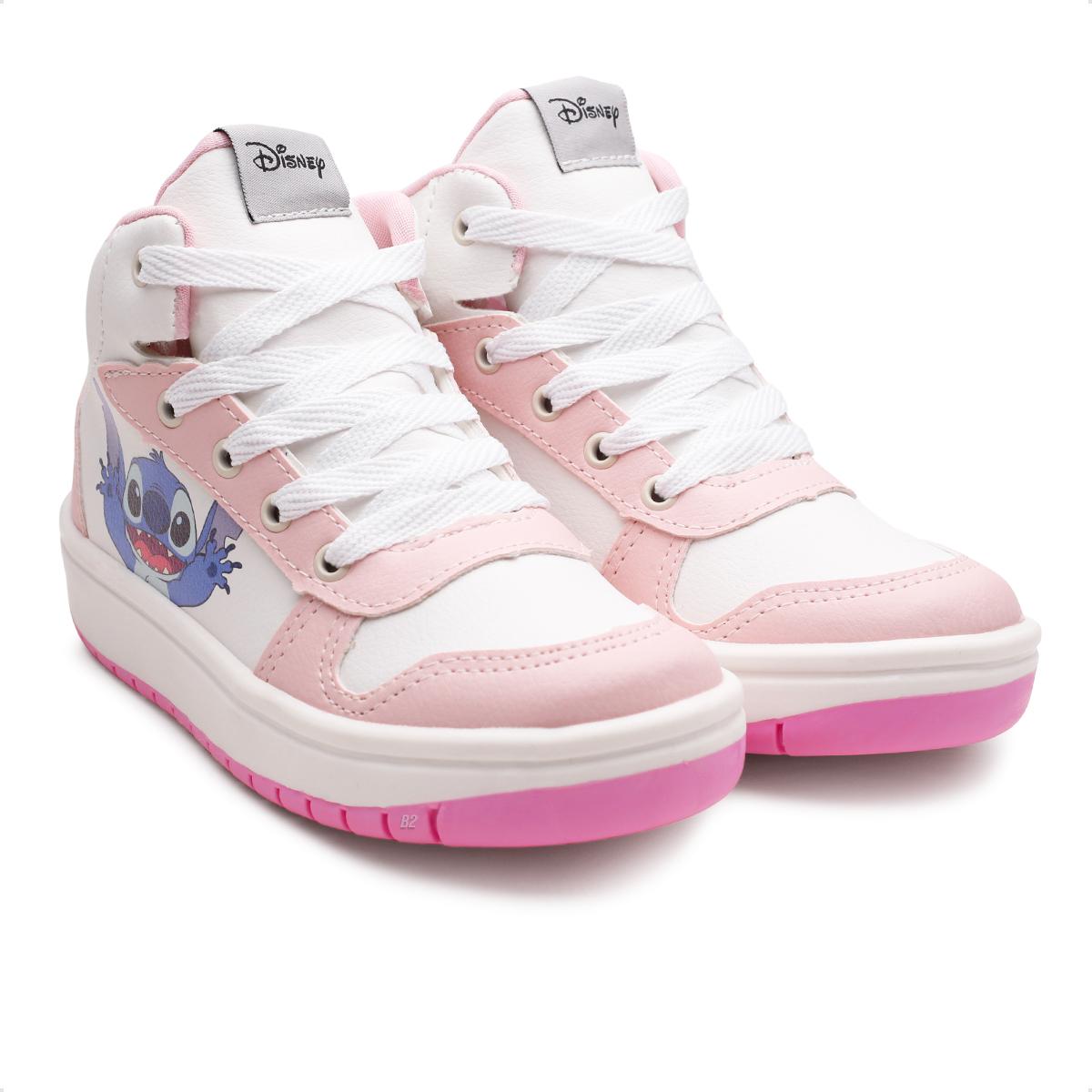 Tênis Disney Casual Stitch Juvenil Cano Alto Branco / Rosa