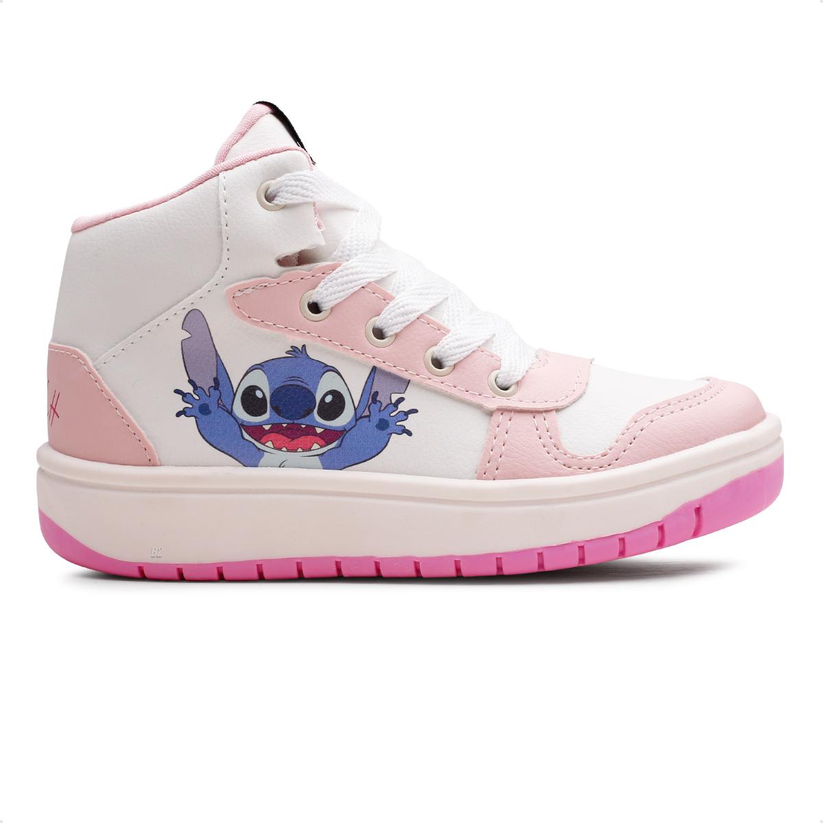 Tênis Disney Casual Stitch Juvenil Cano Alto Branco / Rosa